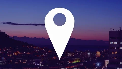 Animation of location icon and city in b... | Stock Video | Pond5