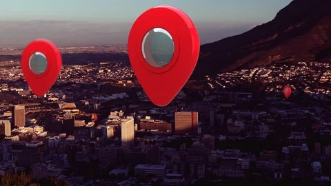 Animation of location icons with city in... | Stock Video | Pond5