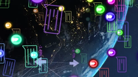 Animation of media icons and arrows over... | Stock Video | Pond5