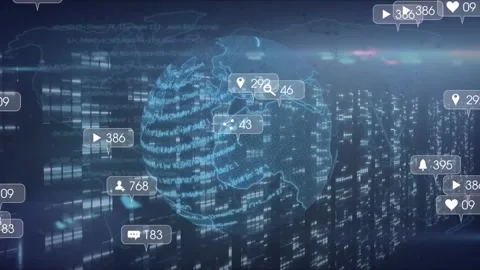 Animation of media icons and world map o... | Stock Video | Pond5