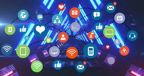 Animation of media icons over digital tu... | Stock Video | Pond5