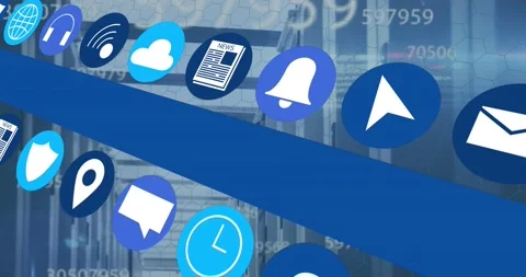 Animation of media icons over server roo... | Stock Video | Pond5