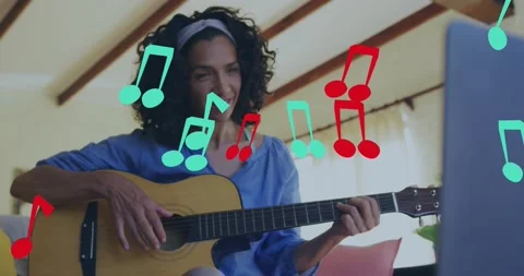 Animation of music notes over biracial w... | Stock Video | Pond5