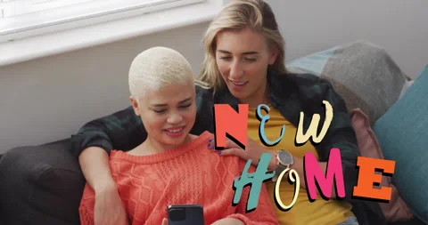 Animation of new home text over gay lesb... | Stock Video | Pond5