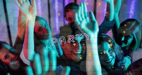 Animation of party neon text and stars o... | Stock Video | Pond5