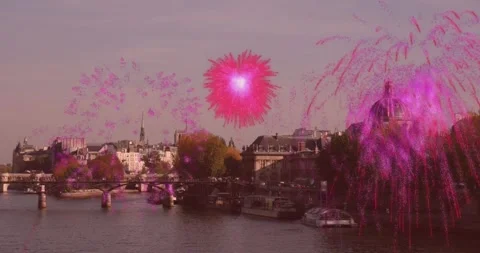 Animation of pink fireworks over paris c... | Stock Video | Pond5