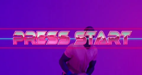 Animation of press start text over neon ... | Stock Video | Pond5