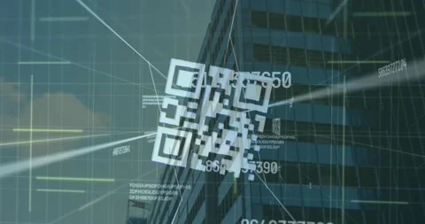 Animation of qr code and numbers over ci... | Stock Video | Pond5