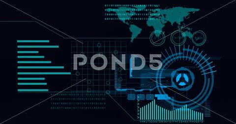 Animation of scope scanning, data processing and world map on black background ~ Clip Art #153534991