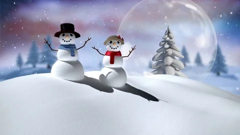 Animation of snow falling over snowmen a... | Stock Video | Pond5