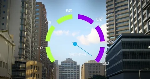 Animation of speedometer over cityscape | Stock Video | Pond5