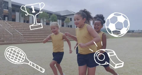 Animation of sports icons over happy div... | Stock Video | Pond5