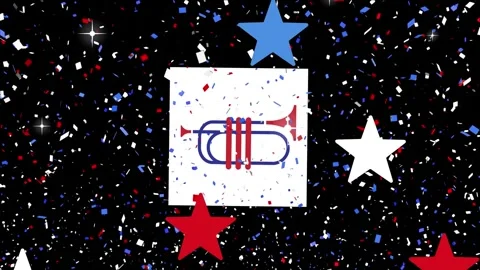 Animation of stars over trumpet in red a... | Stock Video | Pond5