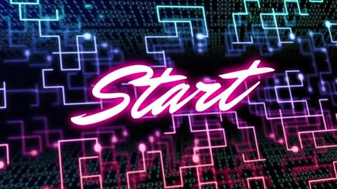 Animation of start text over neon comput... | Stock Video | Pond5