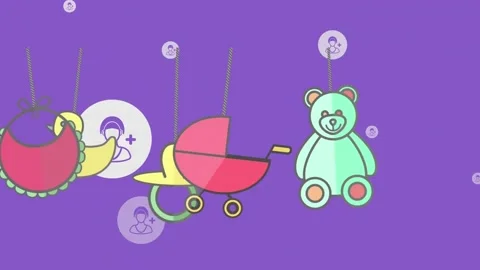 Animation of teddy bear, duck, toys hang... | Stock Video | Pond5