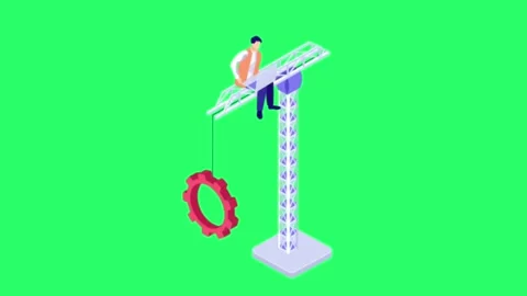 Animation tower cran and red gear on gre... | Stock Video | Pond5