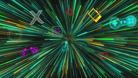 Animation of video game icons and neon l... | Stock Video | Pond5