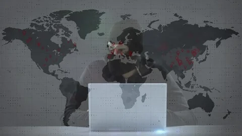 Animation of world map over hacker with ... | Stock Video | Pond5