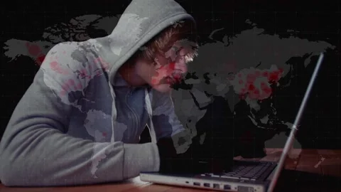 Animation of world map over hacker with ... | Stock Video | Pond5
