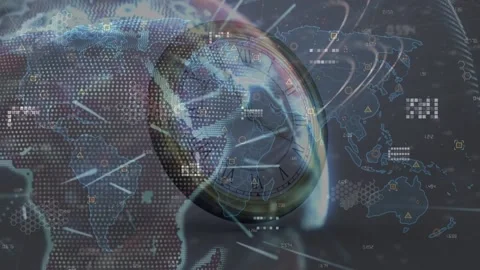 Animation of world map over moving clock... | Stock Video | Pond5