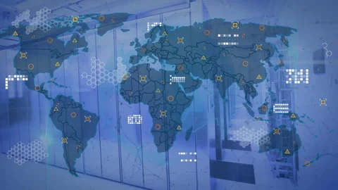 Animation of world map over server room | Stock Video | Pond5