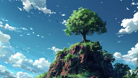 An anime-style tree stands atop a rocky ... | Stock Video | Pond5