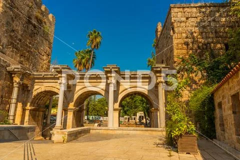ANTALYA, TURKEY: Adrian Gate in the background blue sky. Antique ...