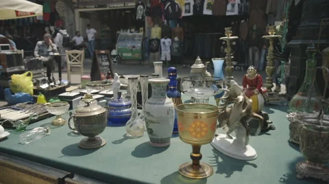 Antiques,old merchandise at the flea mar... | Stock Video | Pond5