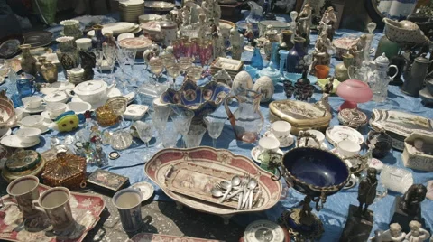 Antiques,old merchandise at the flea mar... | Stock Video | Pond5
