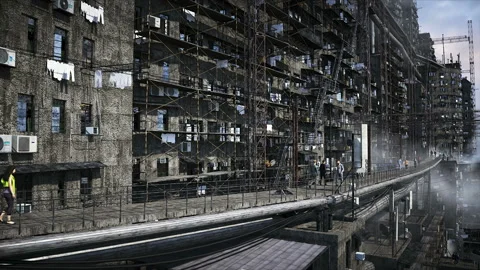 Apocalyptic city build. Overpopulation p... | Stock Video | Pond5
