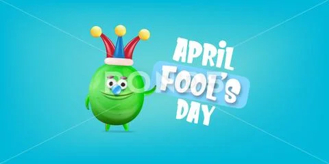 April Fools day funky horizontal banner with silly green clown monster ...