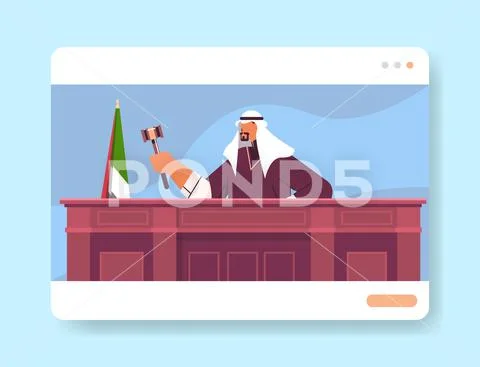 Arab judge lawyer procurator in uniform with gavel sitting at workplace ...