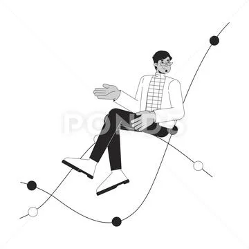 Arab man sitting on chart waves black and white 2D line cartoon ...