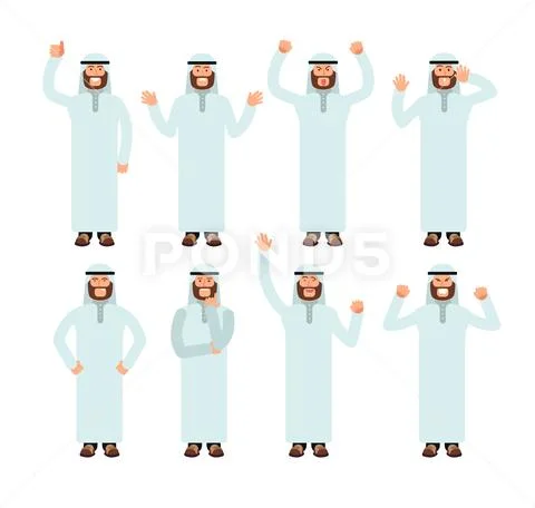 Arab man standing with different hand gestures and face emotions. Male ...