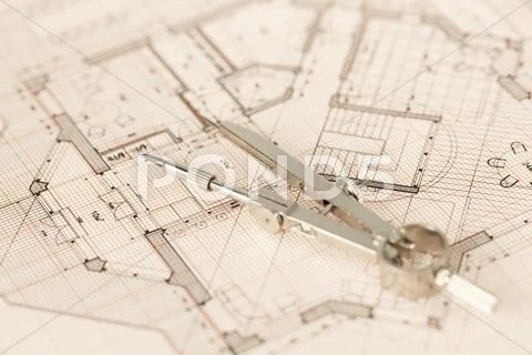 Architecture blueprint - house plan & compass ~ Premium Photo #62955944