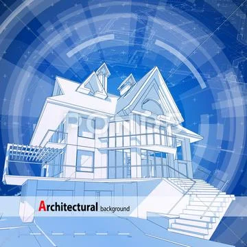 Architecture design: blueprint 3d house, plan & blue technology radial ...