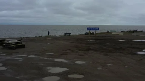 Arctic Ocean sign in Tuktoyaktuk 4k Dron... | Stock Video | Pond5