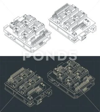 Arduino Uno and CNC shield isometric blueprints: Royalty Free #205486186