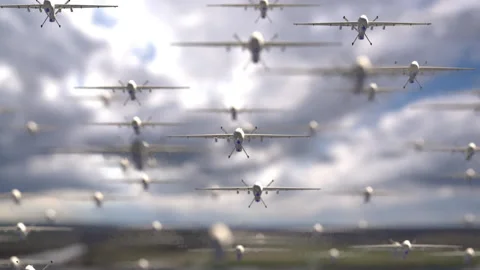 Armada of military drones flying against... | Stock Video | Pond5