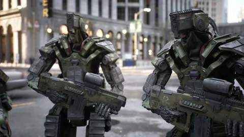 An army of robot soldiers guard the stre... | Stock Video | Pond5