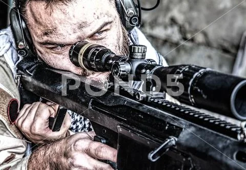 Army sniper in combat readiness on firing position Stock Image #94112891