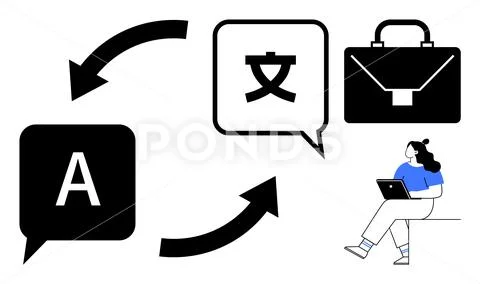 Arrows showing language translation process, person using laptop ...