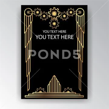 Art Deco template golden-black, A4 page, menu, card, invitation, Sun and city: Graphic #98382897