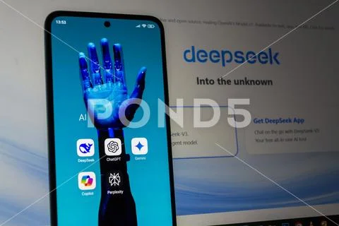 Artificial Intelligence apps, DeepSeek, ChatGPT, Gemini, Copilot, Perplexity Stock Photo #300280250