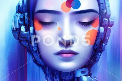 Artificial Intelligence Female Robot Android Woman with Colorful Dots: Graphic #219070937