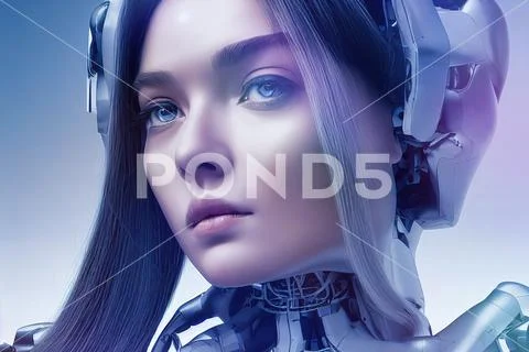 Artificial Intelligence Robotic Android Woman with Silver Hair and ...
