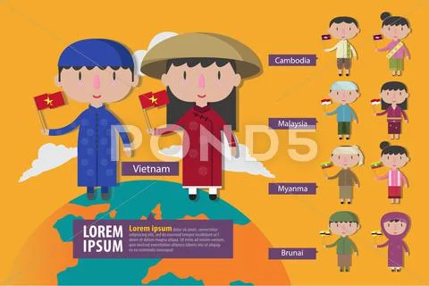 ASEAN people in traditional costume with flag: Graphic #53239973