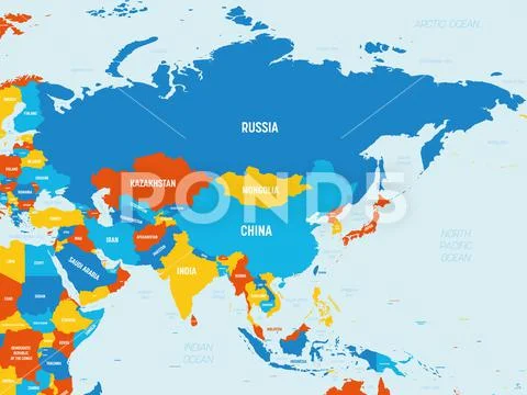Asia - 4 bright color scheme. High detailed political map of asian ...