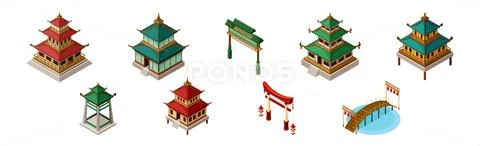 Asian Architecture with Pagoda, Gazebo, Torii Gate and Bridge Isometric ...