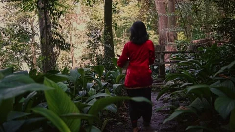 An Asian girl in a red dress walks into ... | Stock Video | Pond5